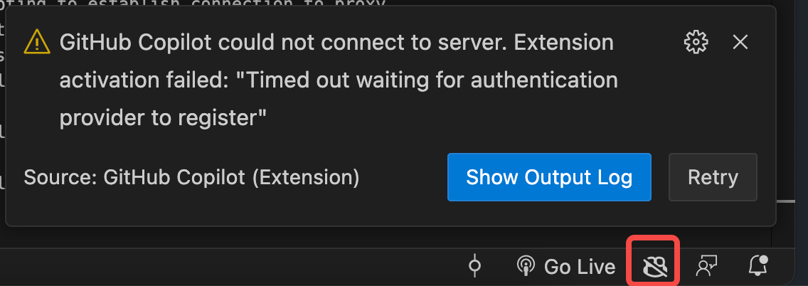 VSCode 的Github Copilot 插件报错："Timed out waiting for authentication provider to register" - 驼峰Geek